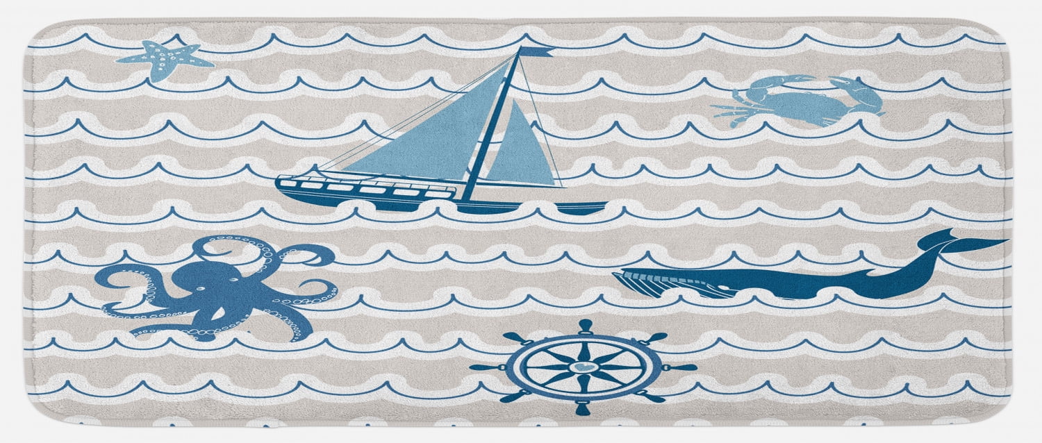 Nautical Kitchen Mat, Wave Pattern Marine Elements Octopus Crab ...