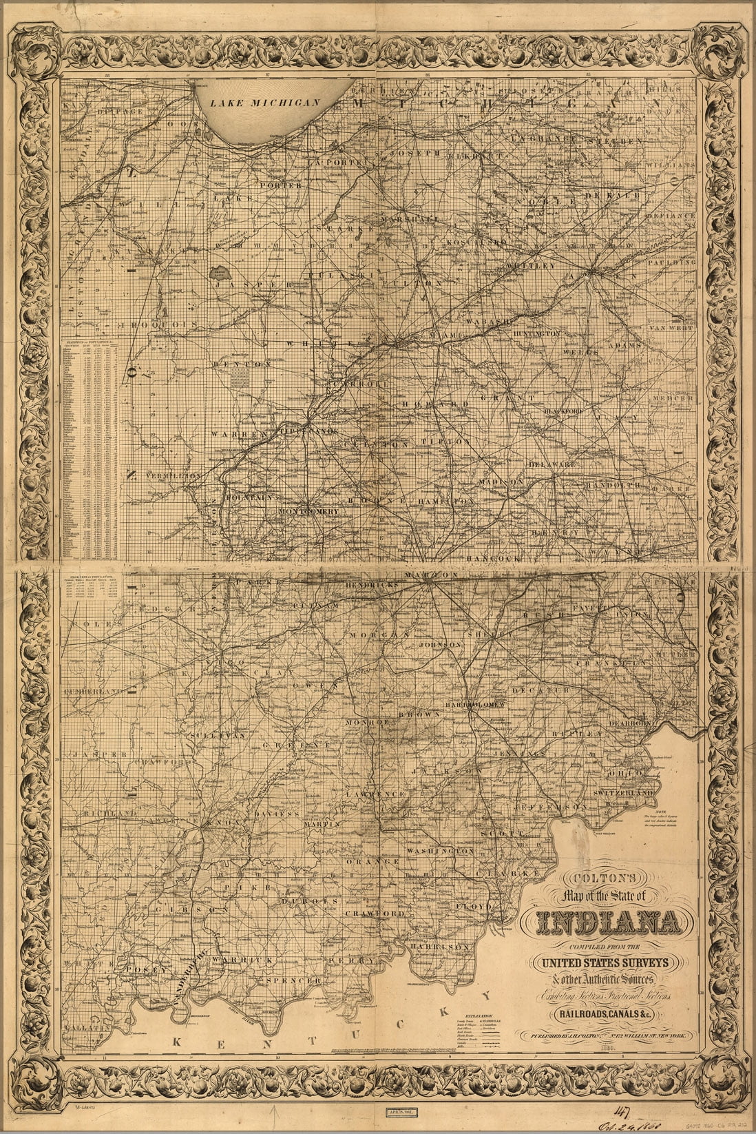 24"x36" Gallery Poster, Colton's map of the state of Indiana 1860 ...