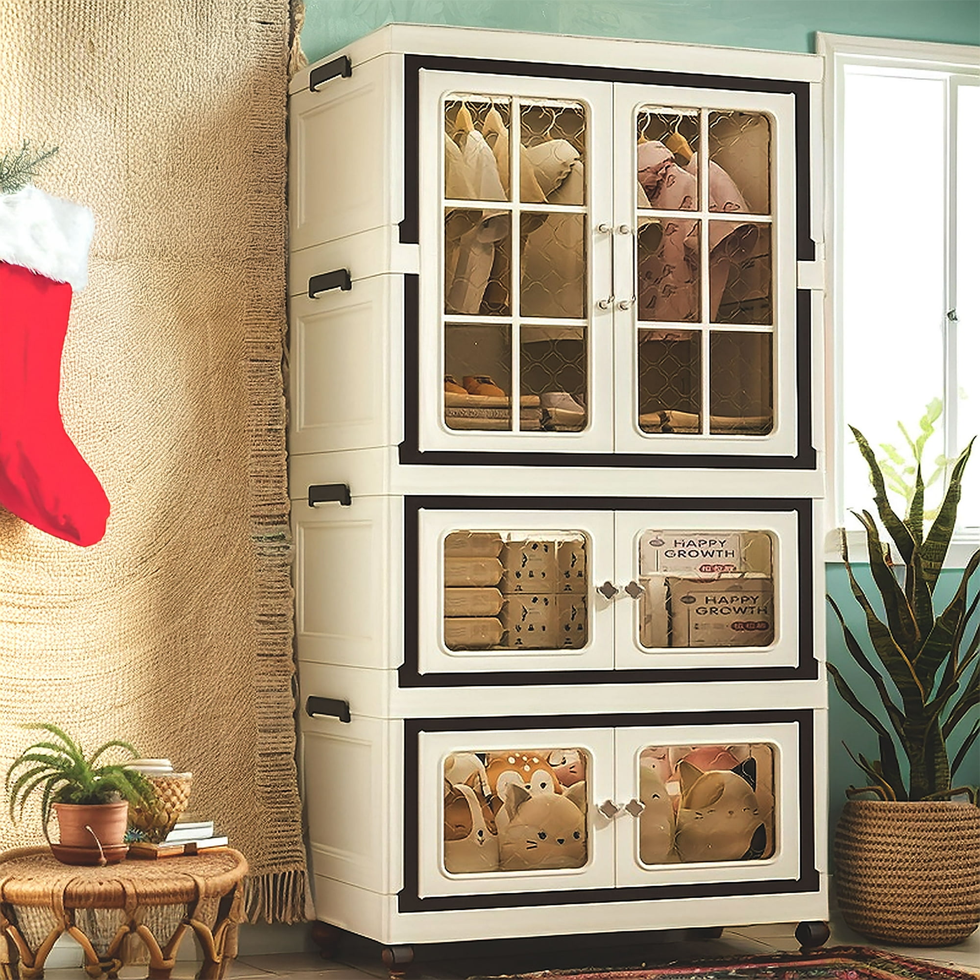 Razxnaor Stackable Storage Bins With Wheels  Collapsible Folding Storage Cabinets For Closet  Home Office Dorm Organizer Essential 2+1 Transparent