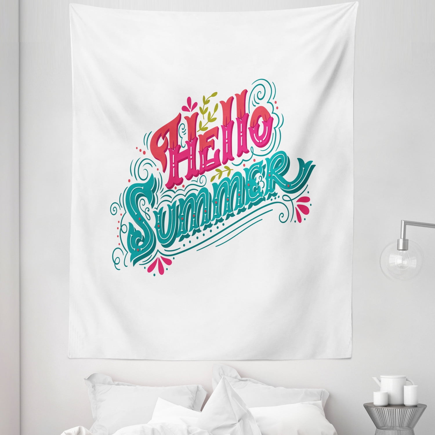 Hello Summer Tapestry, Handwritten Vintage Calligraphy with Floral ...