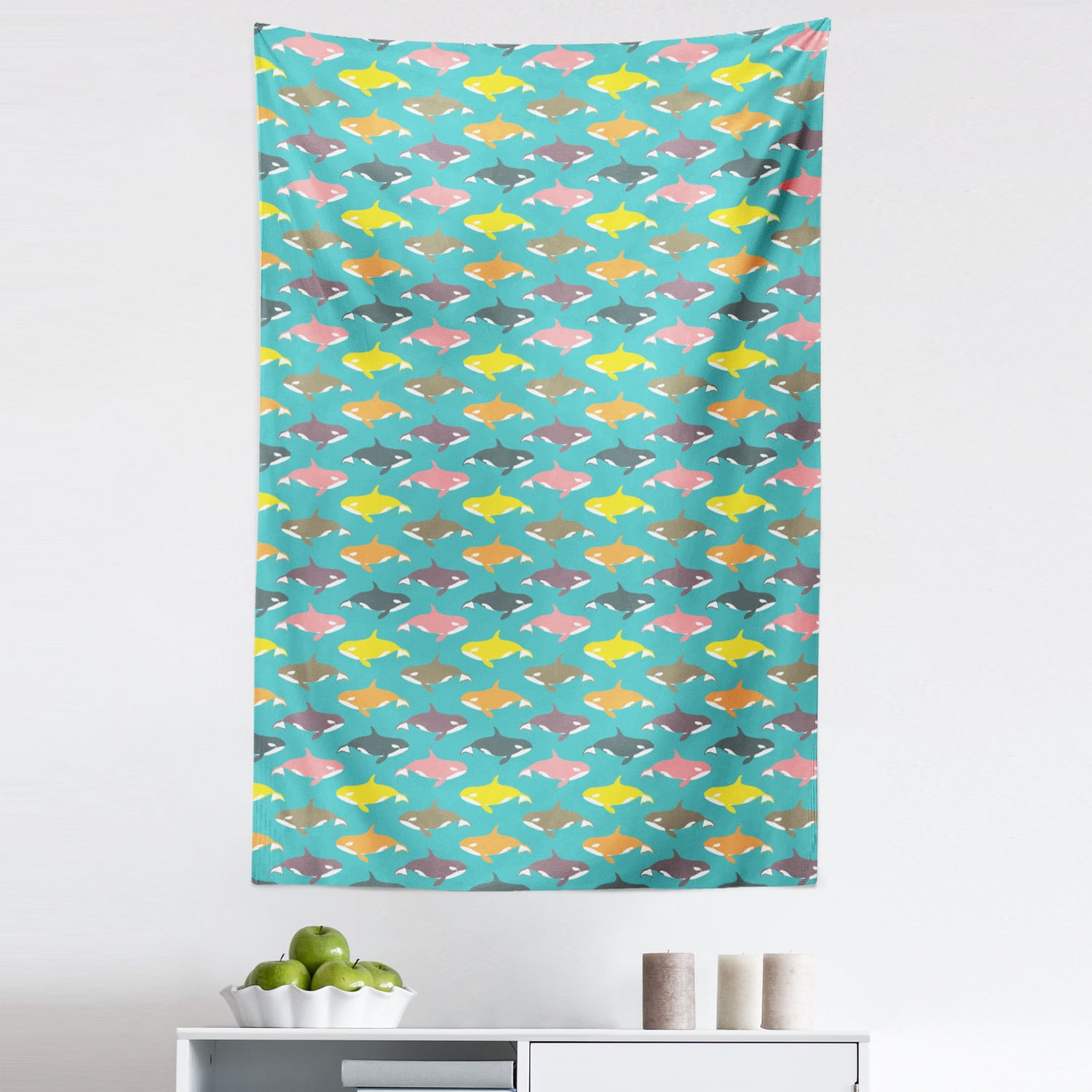 Whale Tapestry, Colorful Orca Silhouettes Aquatic Animals Minimalist ...