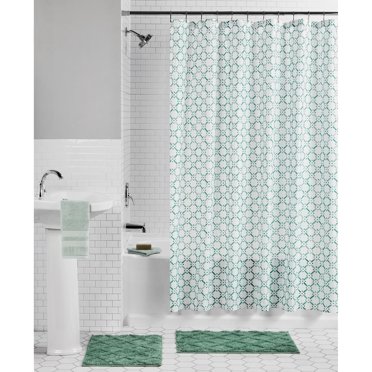 Mainstays Shower Curtain Set Green White Diamond 15 Piece Bath ...