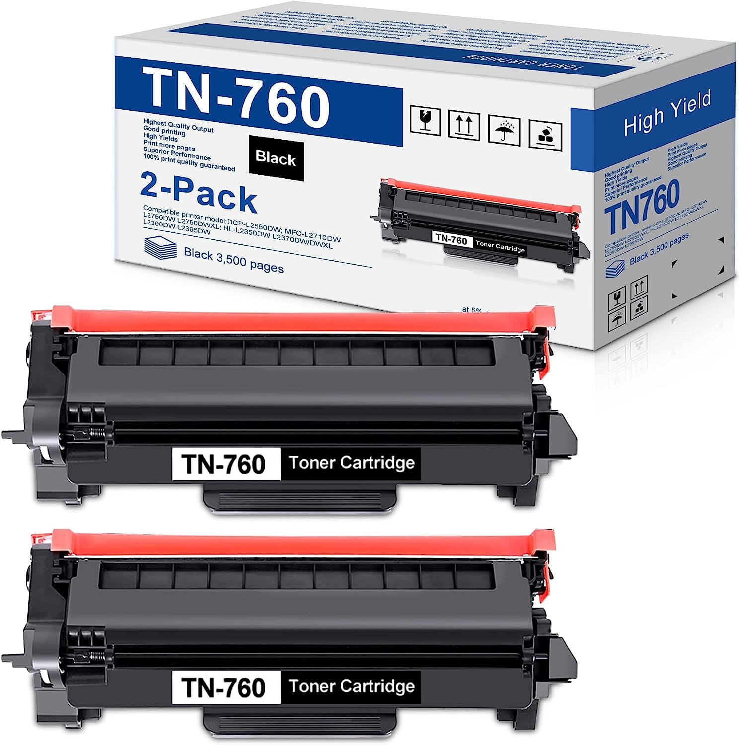TN760 TN730 Black Toner Cartridge 2 Pack Replacement for Brother HL ...
