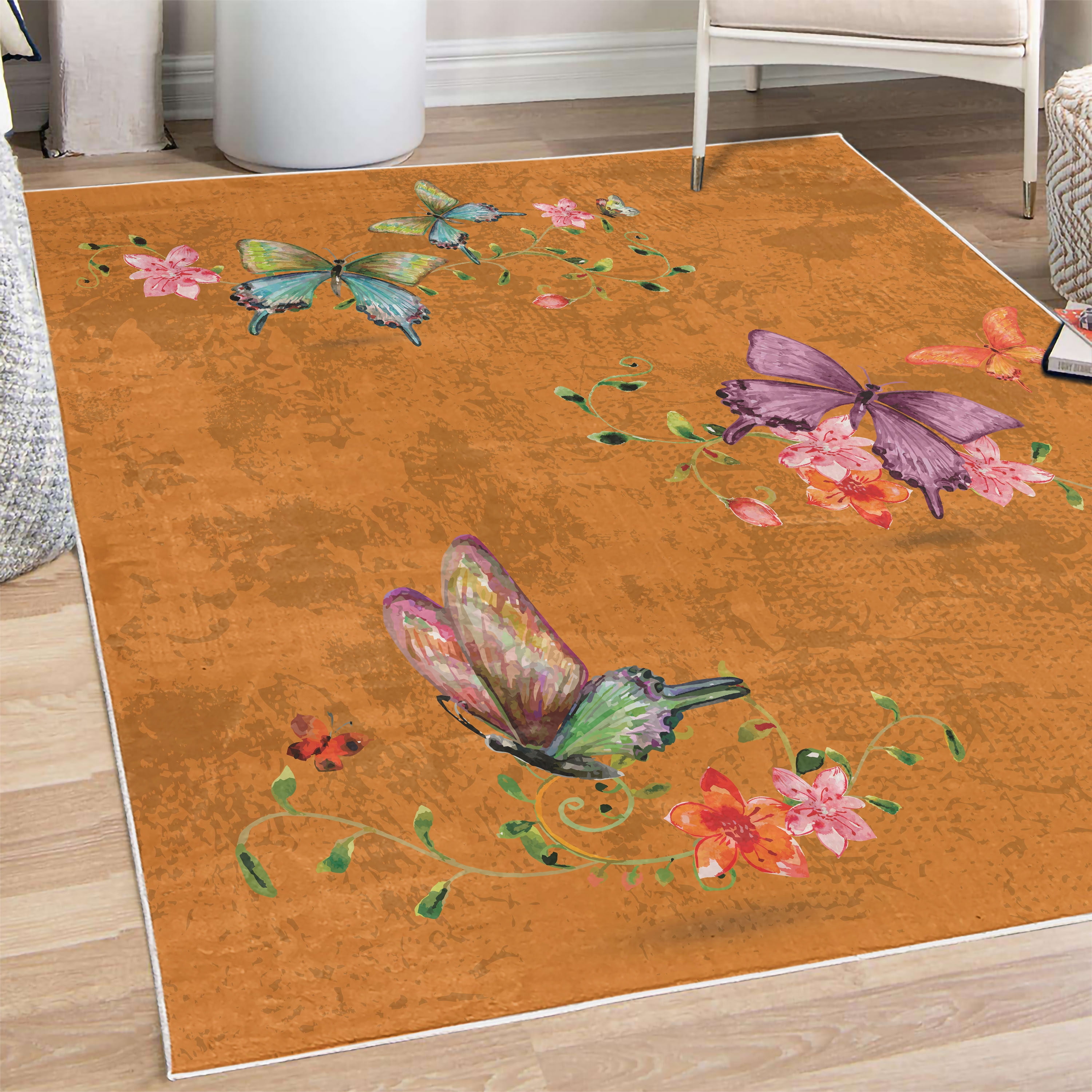 Butterfly Decorative Rug, Springtime Flying Moths on Vintage Style ...