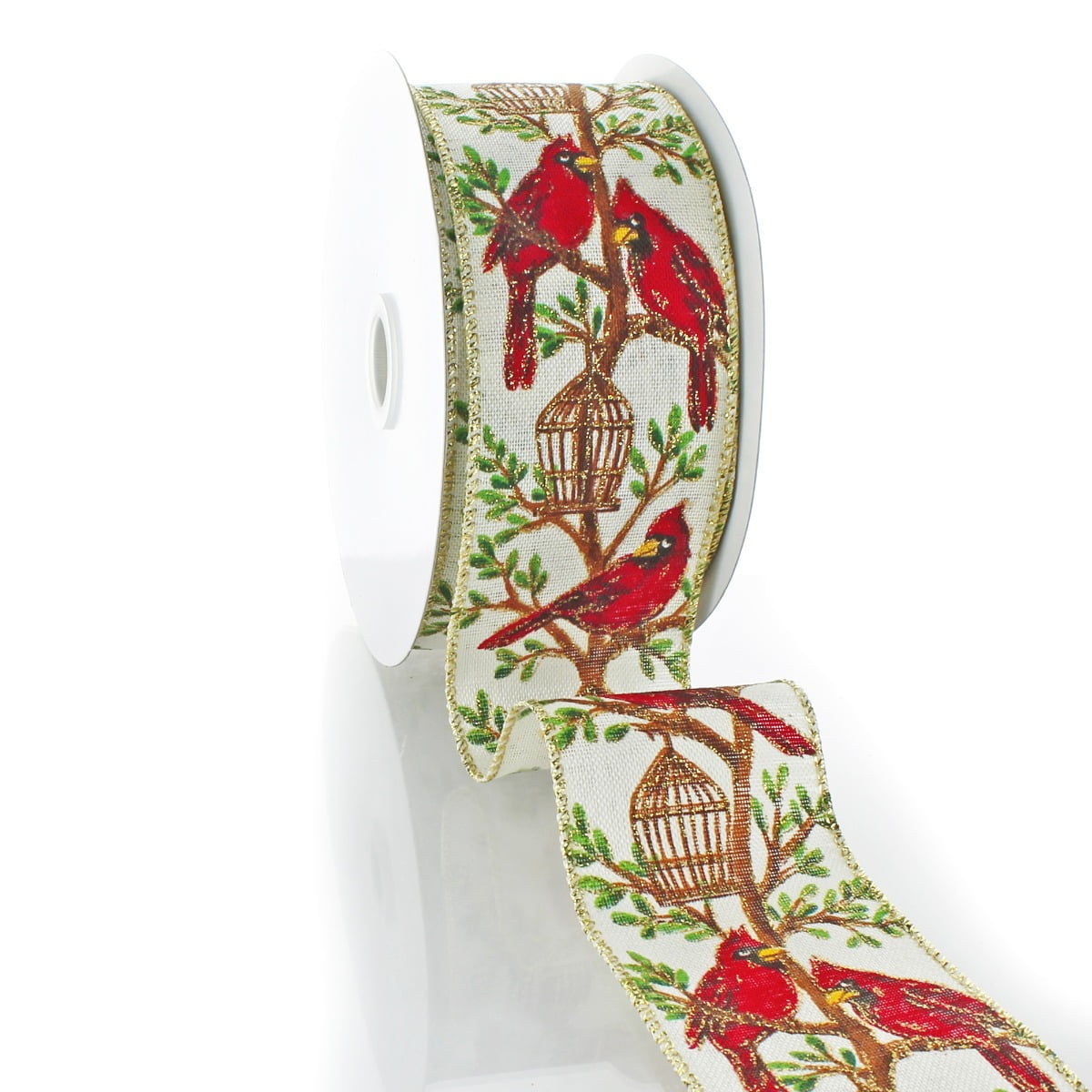 Ribbon Traditions Red Cardinal Birdhouse on Cream Wired Ribbon 2 1/2 ...