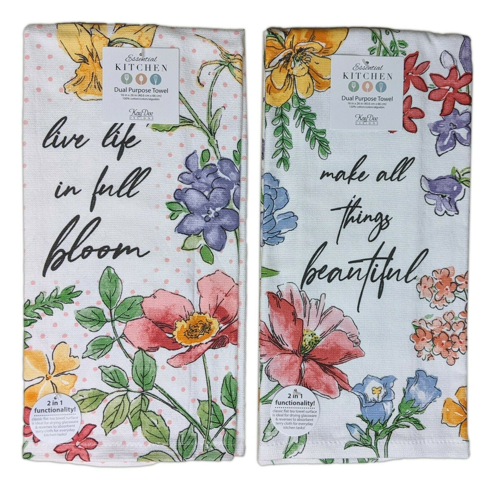 Set of 2 PEACEFUL PETALS Beautiful & Bloom Kitchen Towels by Kay Dee ...