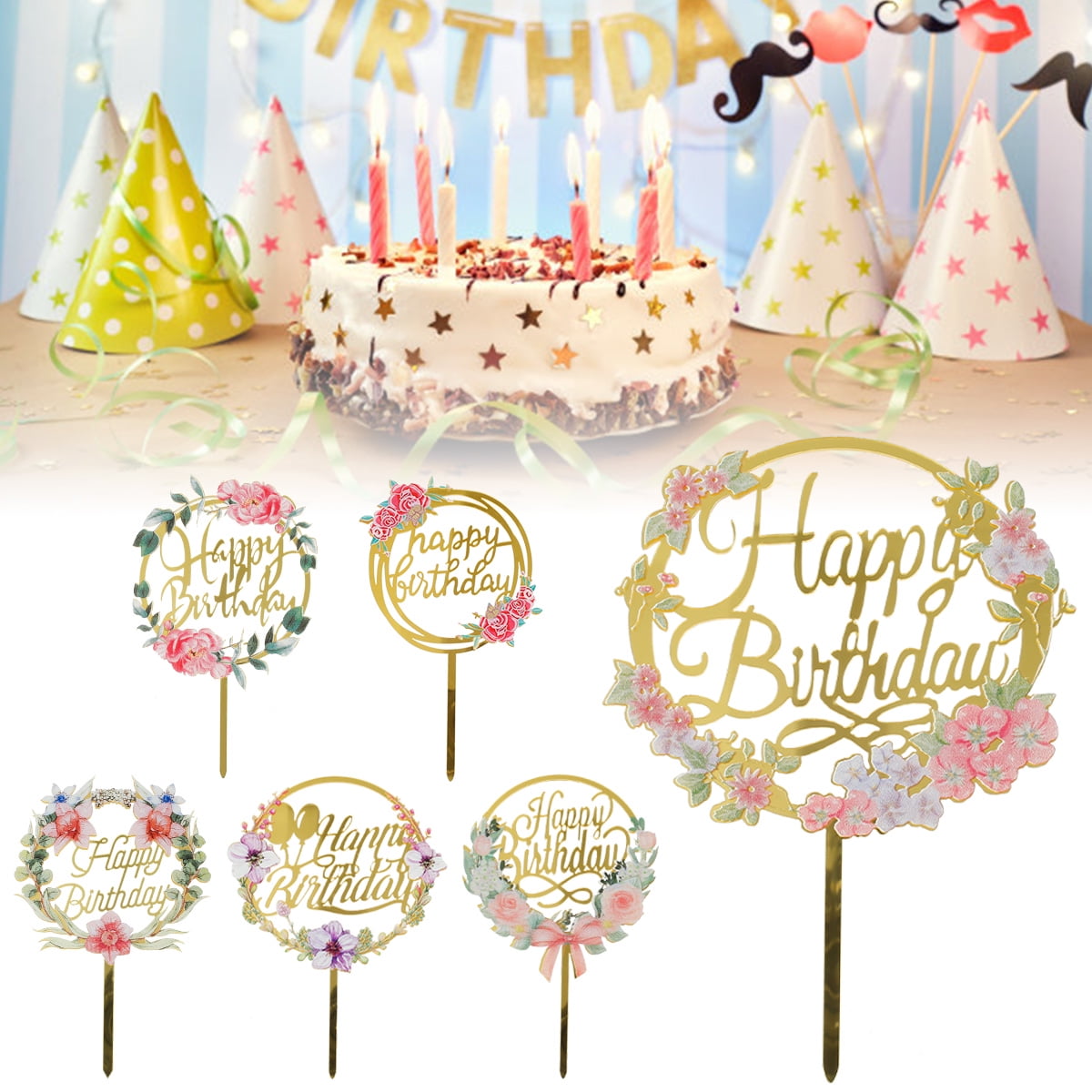Buy Willstar Flowers Cake Toppers Acrylic Handmade Happy Birthday Cake ...