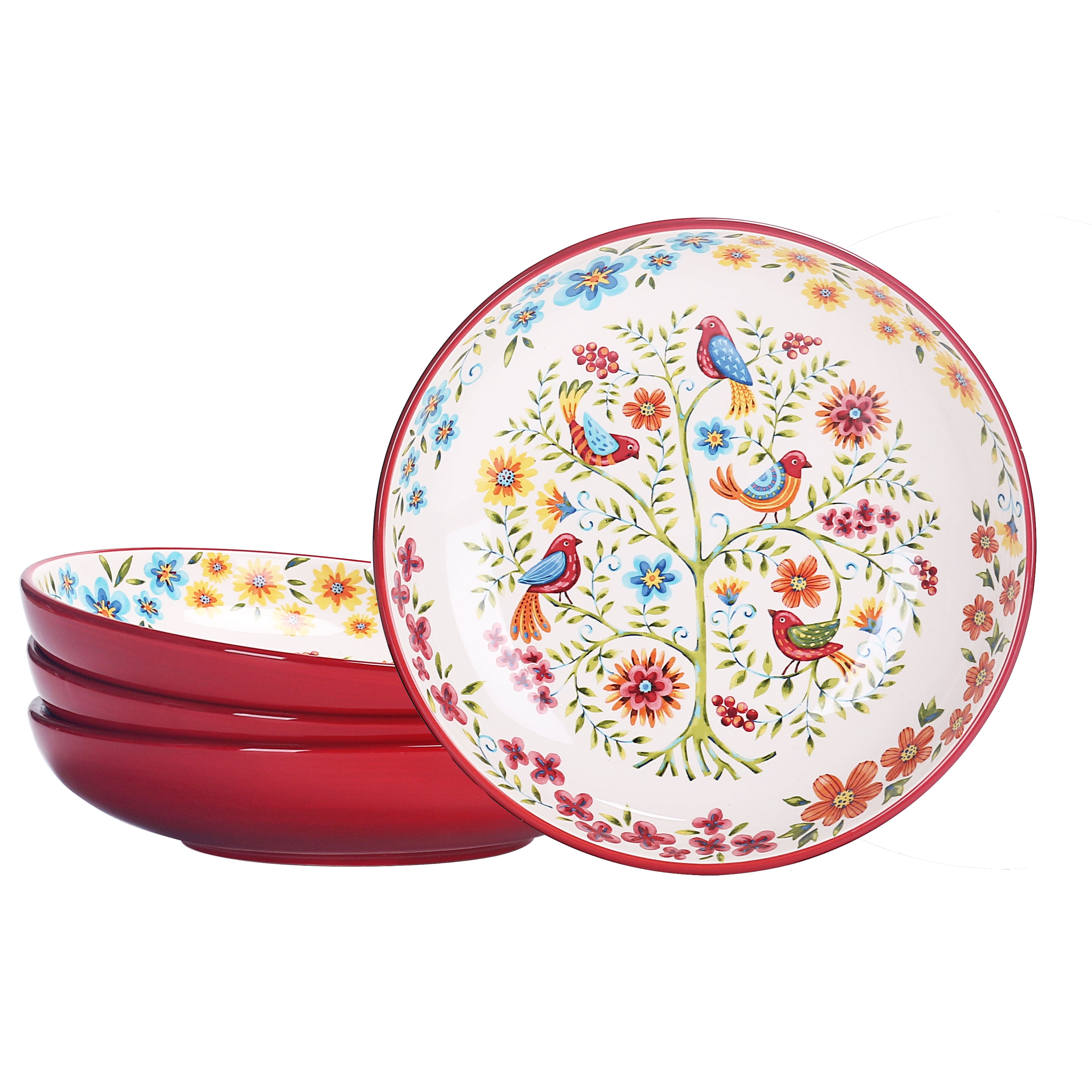 Bico Red Spring Birds Ceramic 35oz Dinner Bowls, Set of 4, for Pasta ...