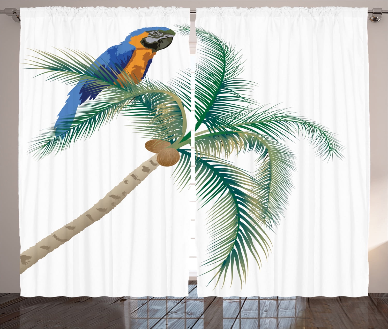 Parrots Decor Curtains 2 Panels Set, Big Parrot Sitting on Coconut Palm ...