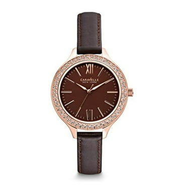 Caravelle Designed By Bulova Women's Classic Rectangular Black Leather ...