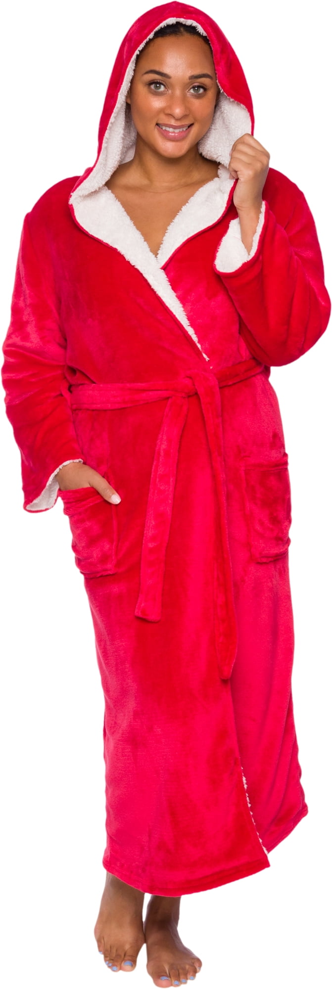 Womens Sherpa Lined Hooded Robe Full Length - Red Warm Plush Luxury Bathrobe by Silver Lilly ...