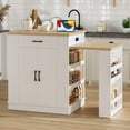 Extendable island console with drawers, double-door cabinet, and open ...
