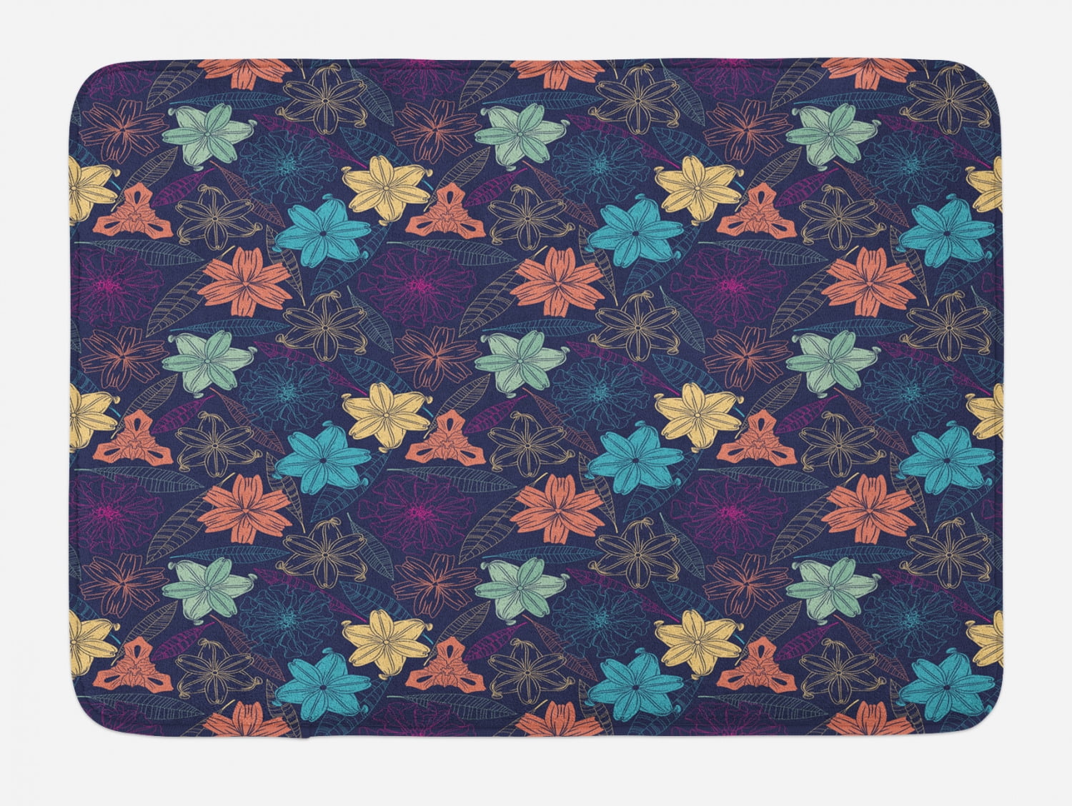 Floral Bath Mat, Exotic Hibiscus Petals in Warm Tones Beach Palm Tree ...