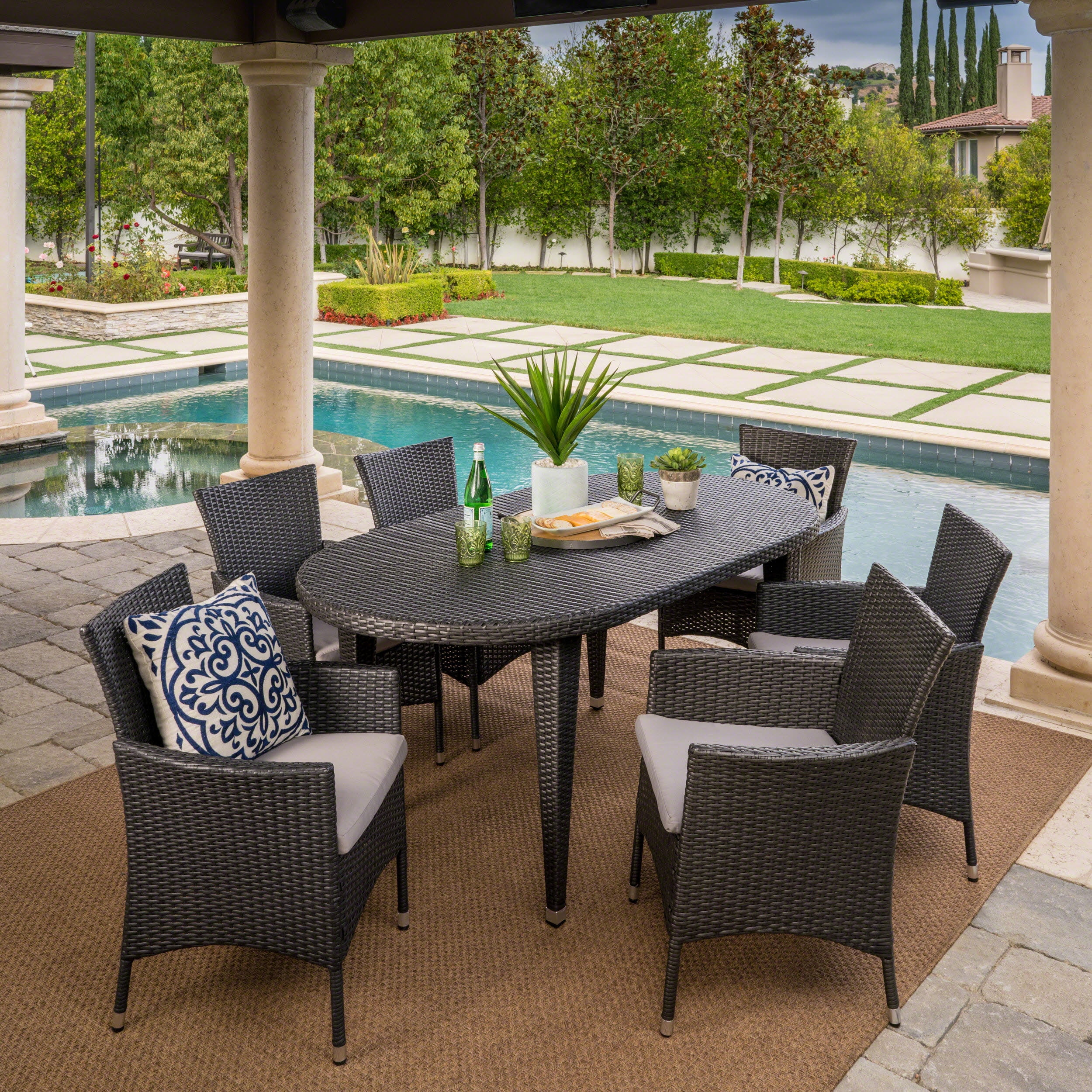 Victor Outdoor 7 Piece Wicker Oval Dining Set with Cushions, Grey ...
