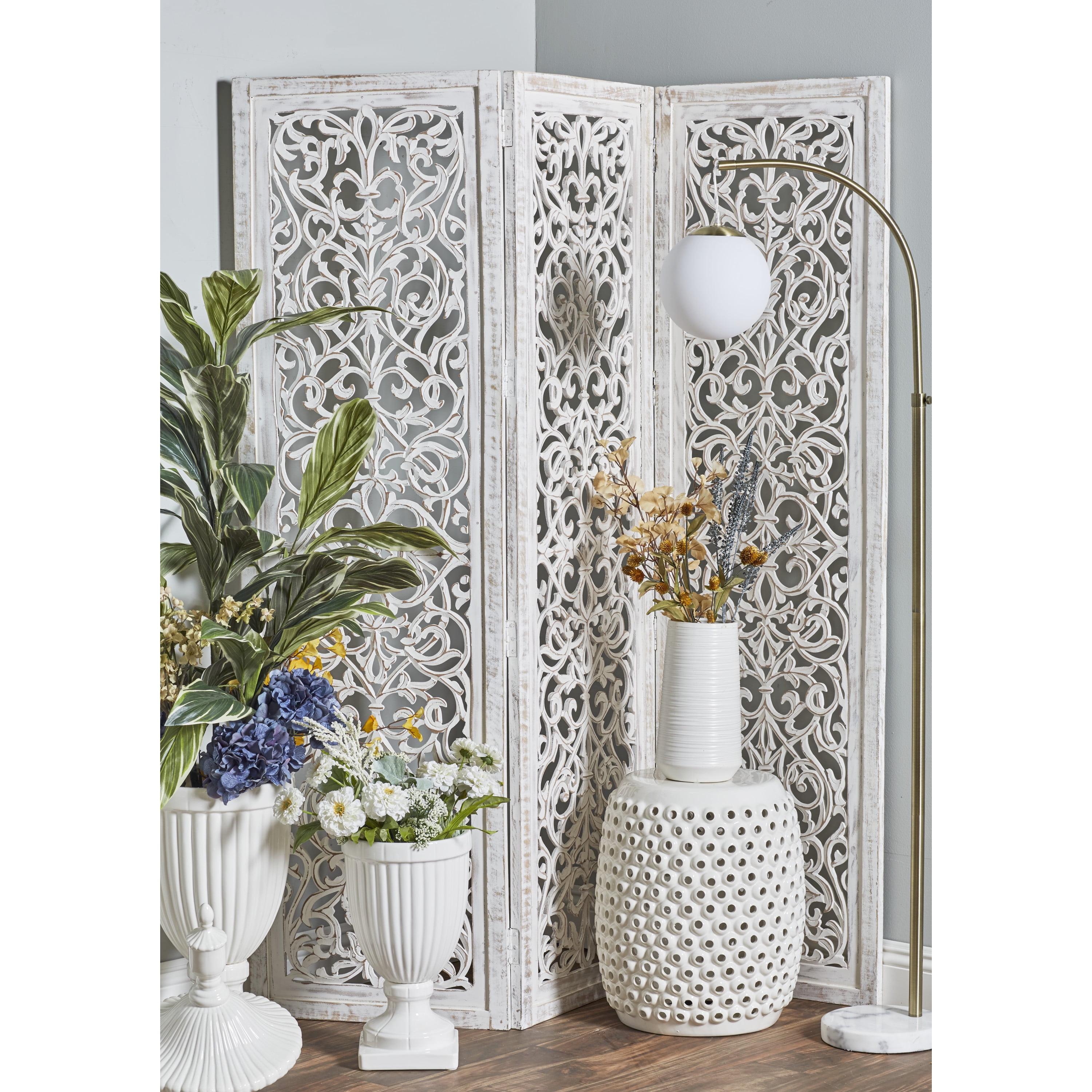 DecMode 60" x 69" White Wood Floral Handmade Hinged Foldable Partition ...