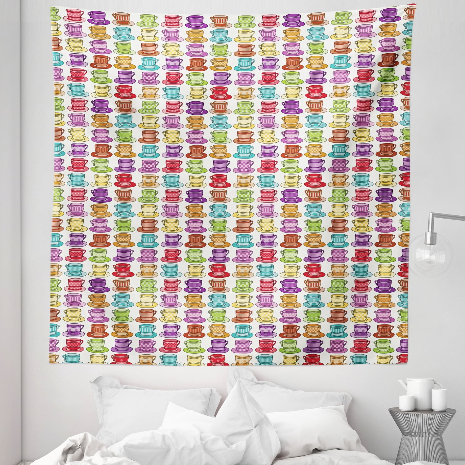 Tea Party Tapestry, Multicolored Teacup Design in Various Forms Squared ...