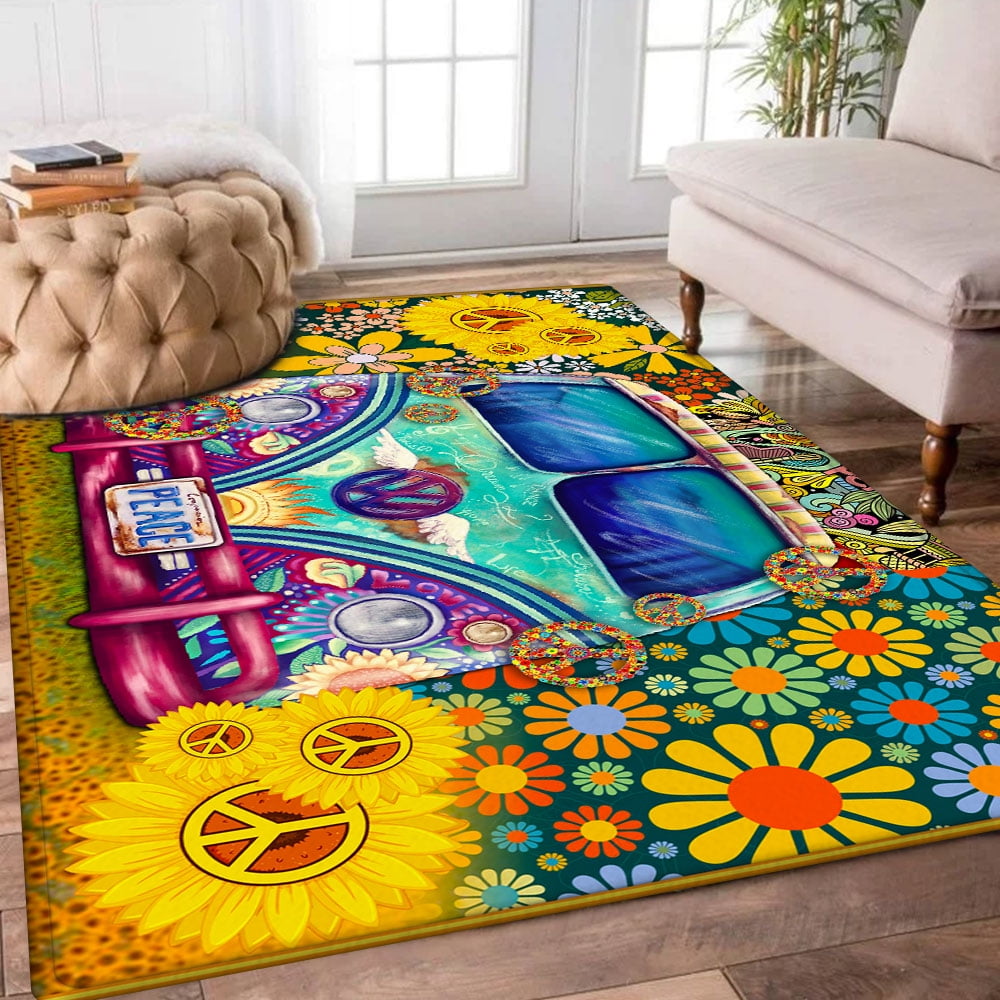 Rectangle Area Rug For Living Room, Bedroom, Peace Bus Hippie Rug ...