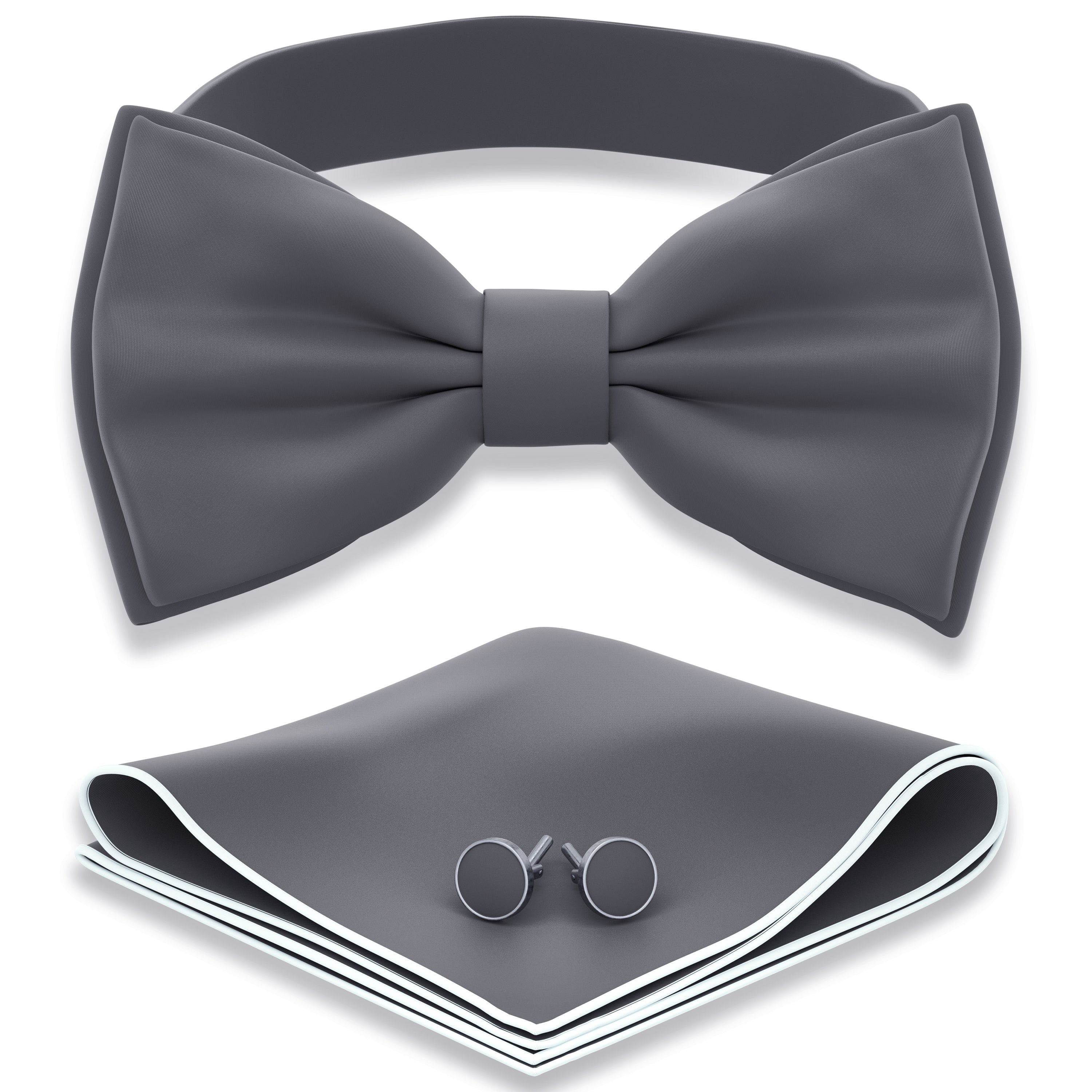 Men's Gray Bow Tie with Handkerchief & Cufflinks Pre-Tied Style Formal ...