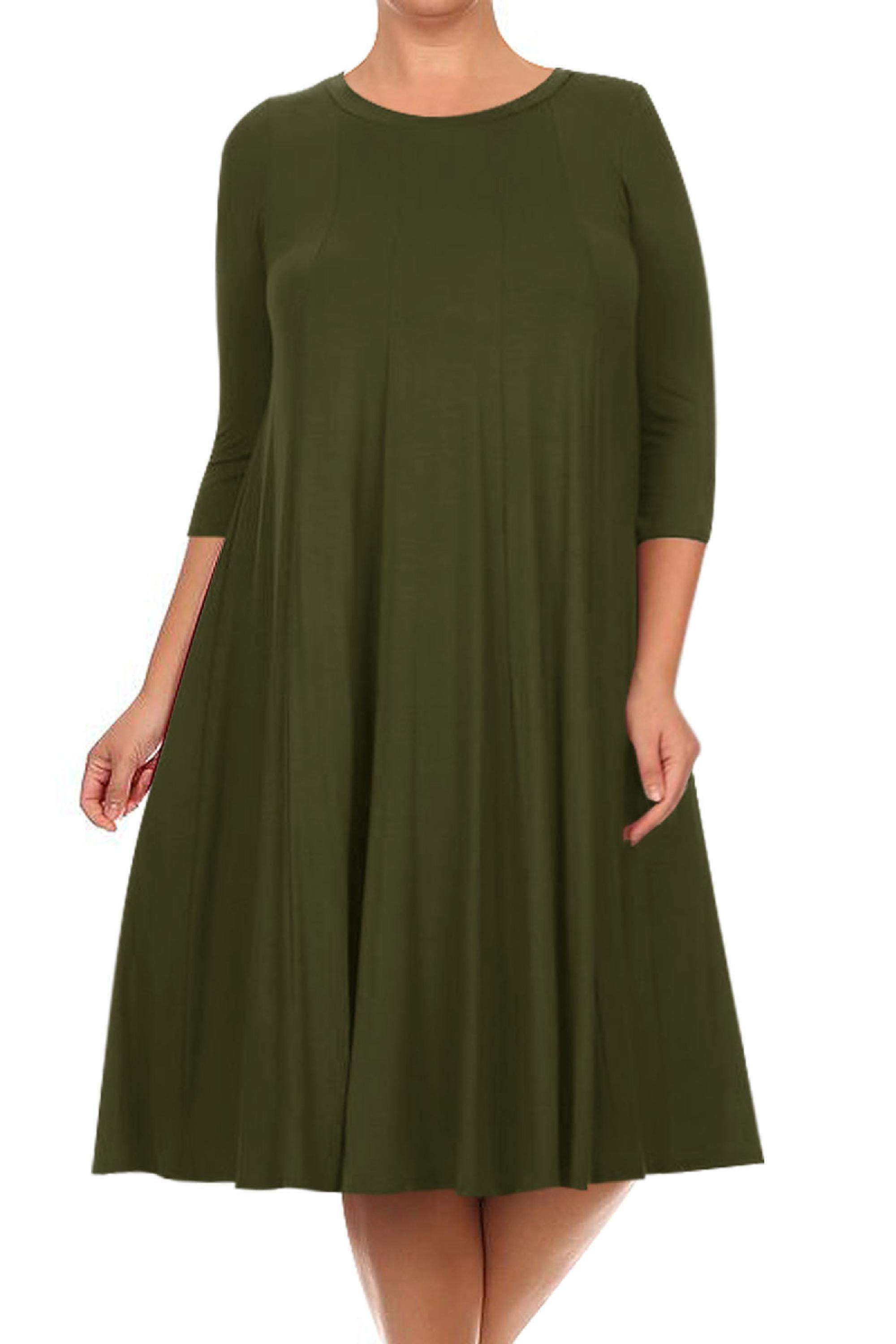Womens Plus Size Casual 3 4 Sleeves A Line Solid Midi Maxi Dress Made