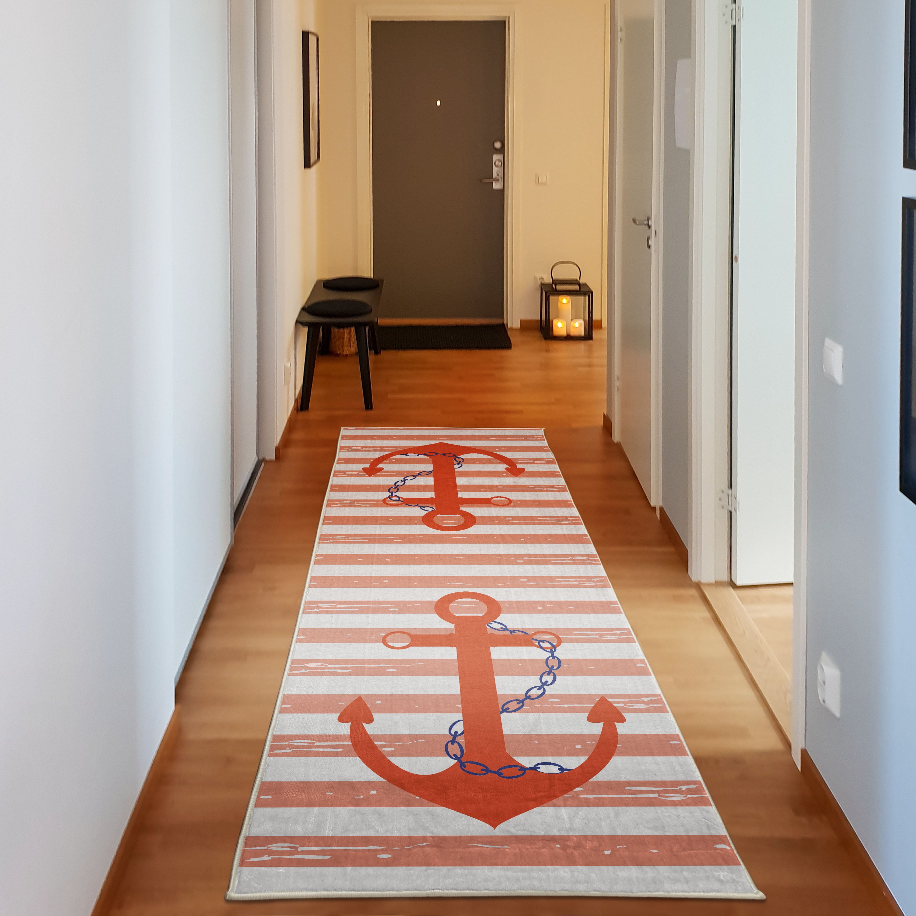 Striped Decorative Rug, Ship Anchor Chain Marine Life Inspired Lines ...