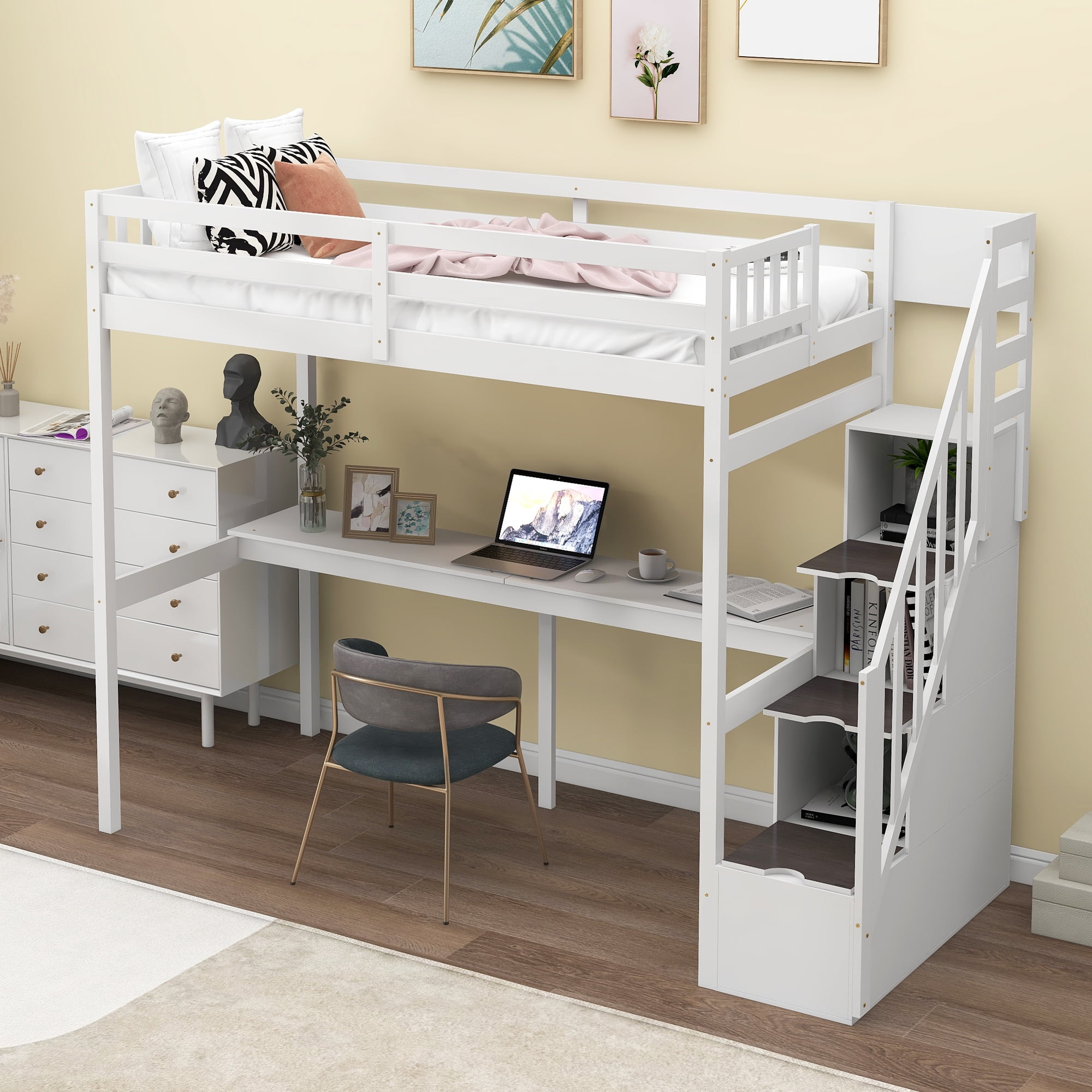 Nestfair White Twin Loft Bed with Staircase and Built-in Desk - Walmart.com