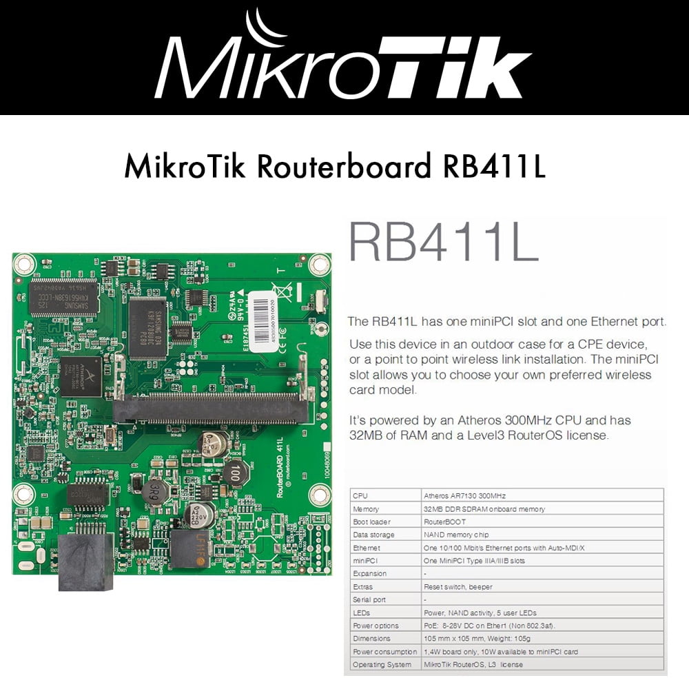 MikroTik RB411L Routerboard 300MHz 32MB OSL3 1 MiniPCI 1-port - Walmart.com