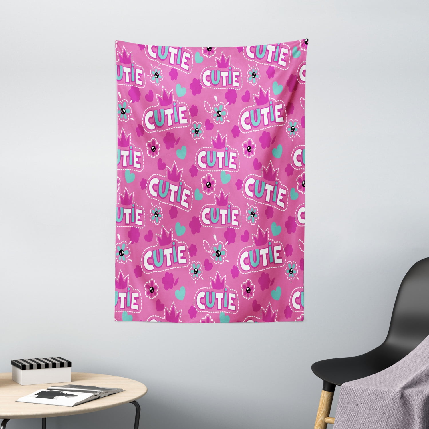 "Cutie" Lettering with Crown Pattern Flower Pattern Image Wall Hanging ...