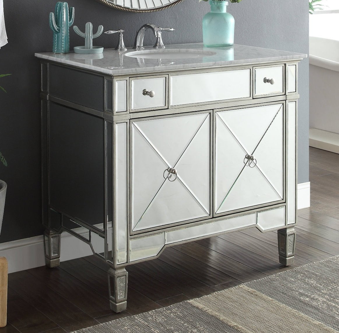 36" Benton Collection Ashlyn Modern Silver Mirrored Bathroom Vanity YR ...