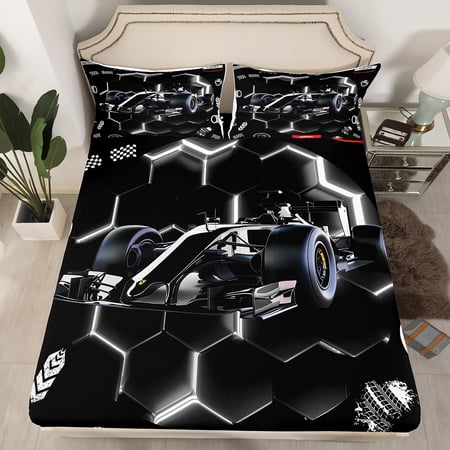 YST Black Race Car Fitted Sheet Twin Neon Honeycomb Racing Car Games ...
