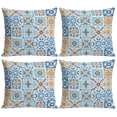 Blue Floral Pillow Covers Set of 4, Vintage Mediterranean Tile Orange ...