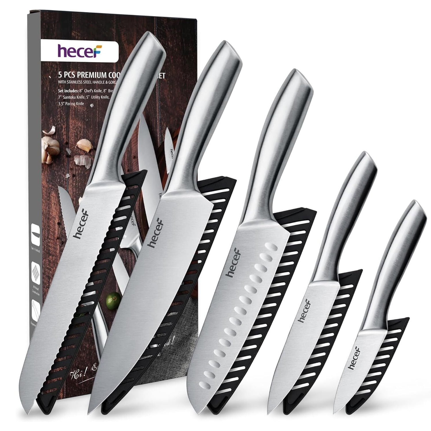 Hecef 5-PCS High Carbon Stainless Steel Kitchen Knife Set with ...