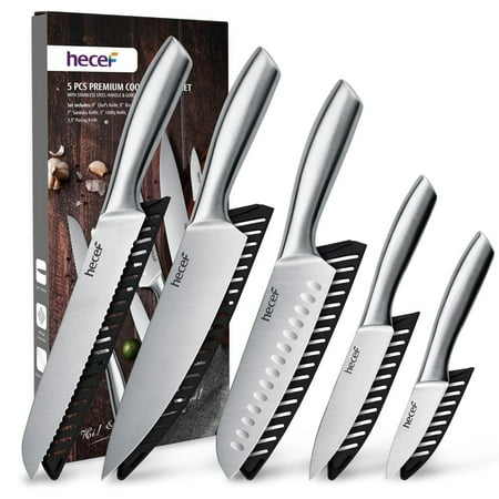 Hecef Silver Kitchen knife set of 5, Satin Finish Blade with Hollow ...