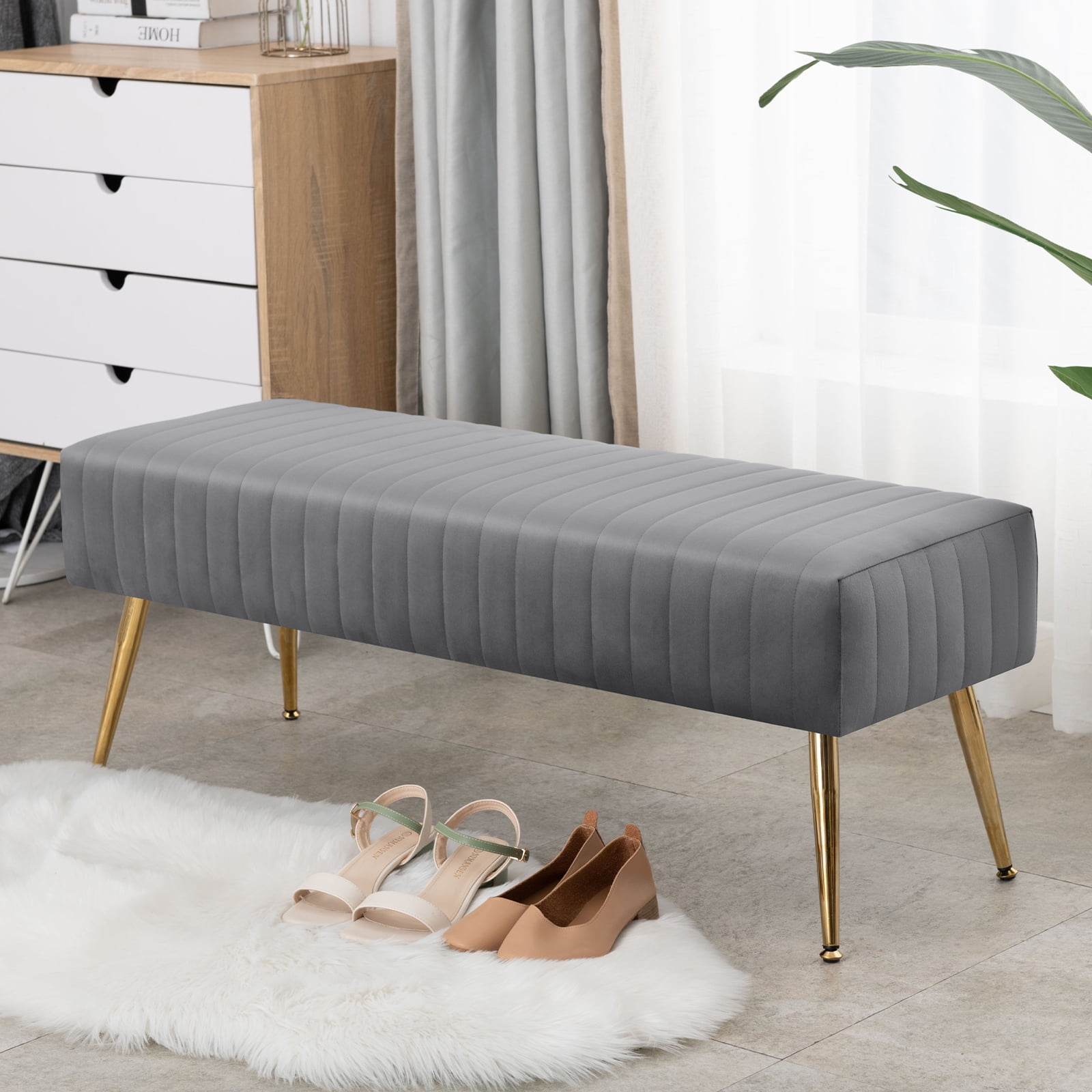 Furniliving Velvet Ottoman Bench Modern Upholstered Bench Indoor ...
