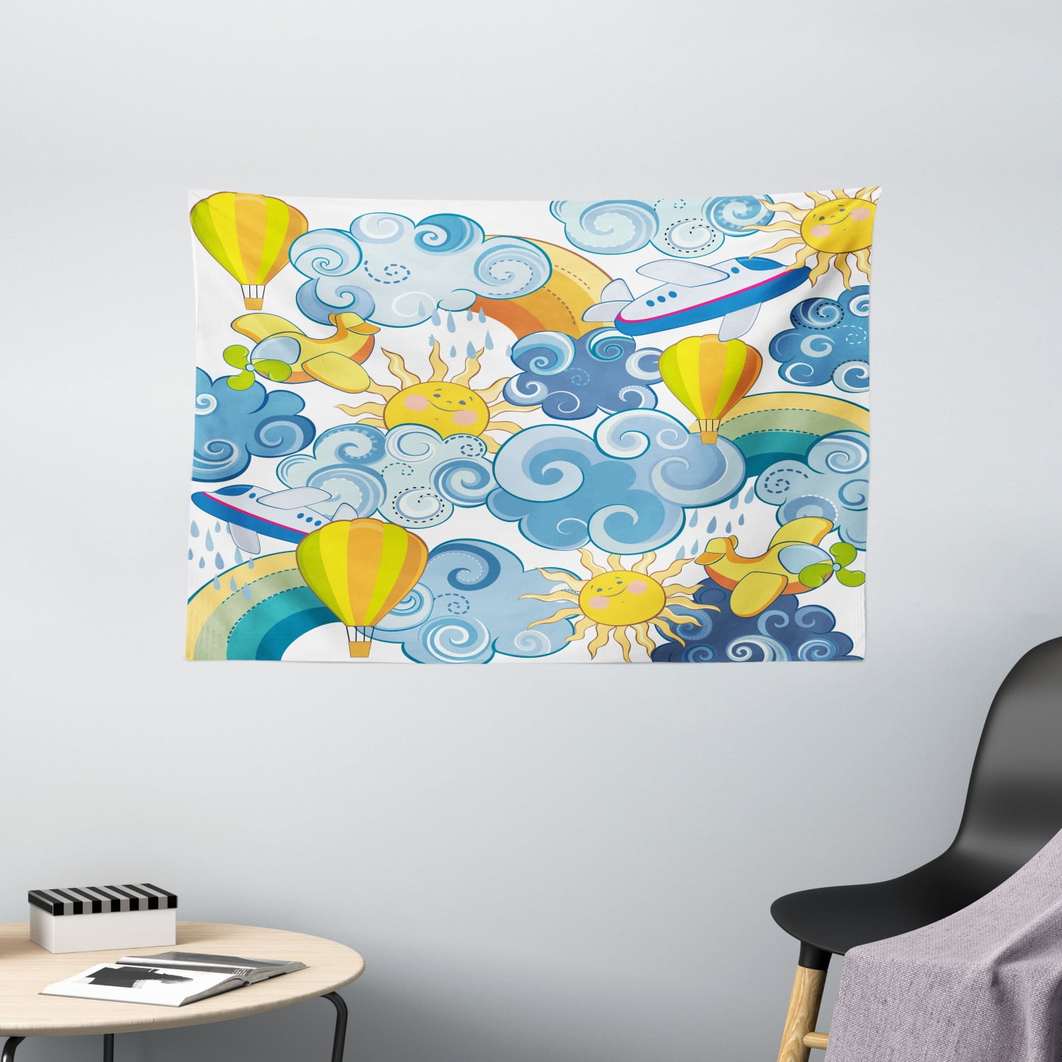 Sky Decor Tapestry, Childrens Theme Clouds Smiling Sun Airplanes and ...
