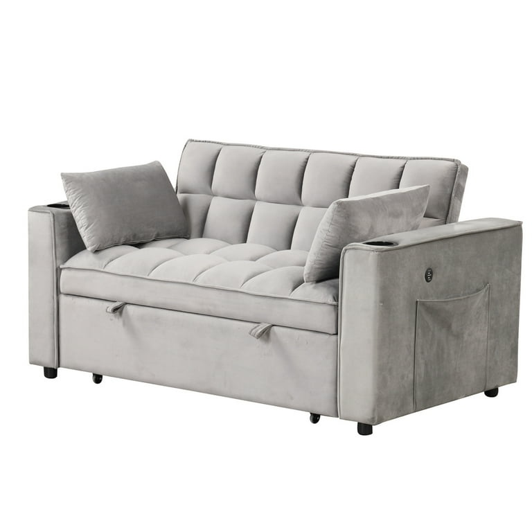 4 in 1 Convertible Sleeper Sofa Bed Modern Loveseat Sleeper Futon Sofa Couch with Pull Out Bed Multi functional Sofa Bed with Cup Holder and USB