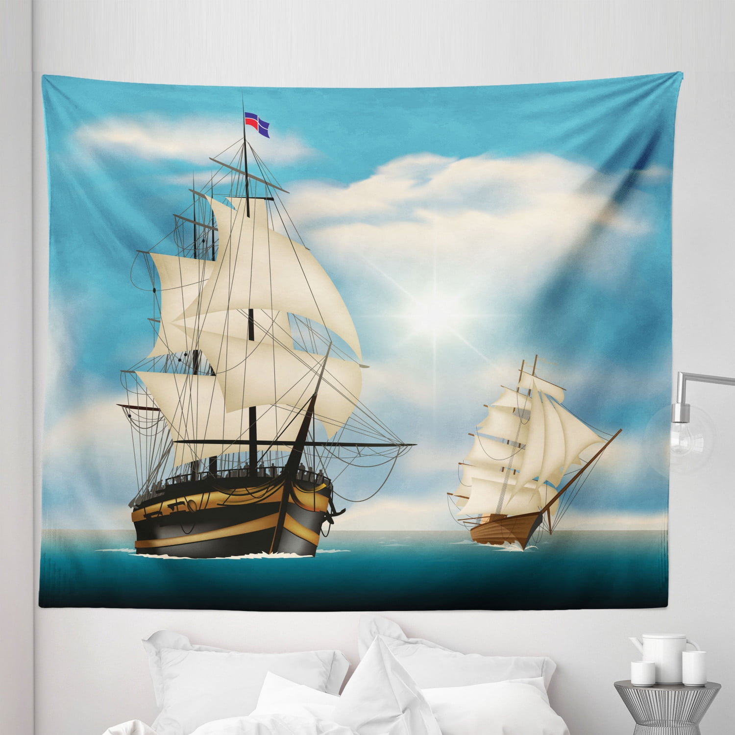Vintage Boat Tapestry, Ships Sailing in the Ocean in a Clear Sunny Day ...