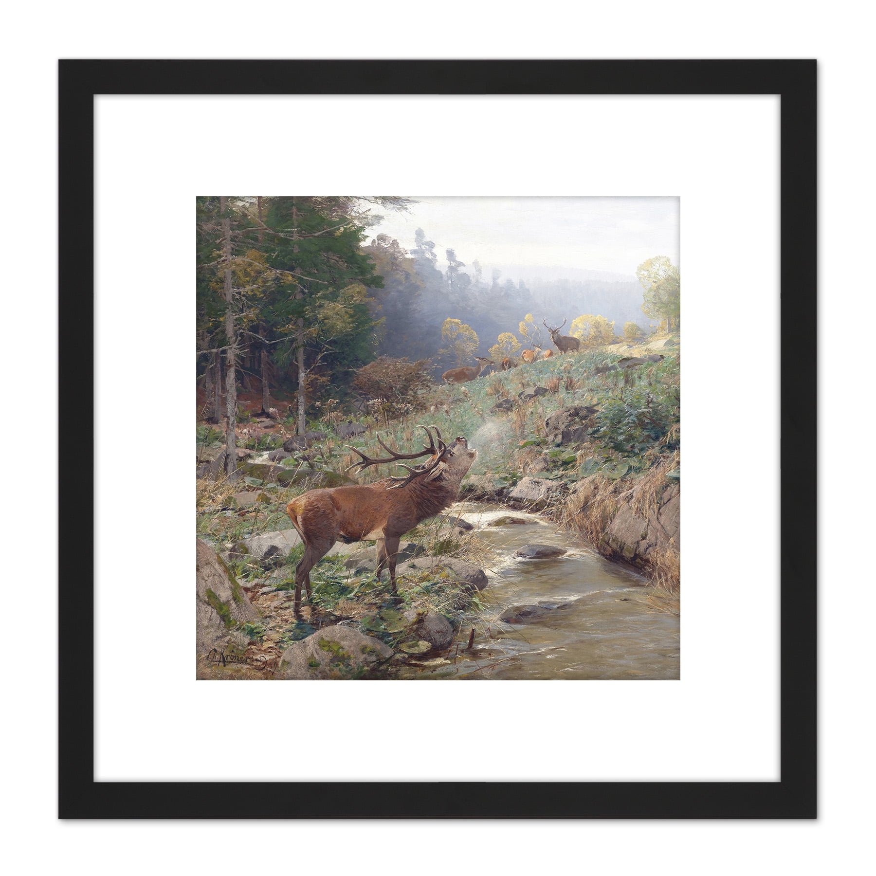 Kroner Herd Red Deer Forest Glade Painting 8X8 Inch Square Wooden ...