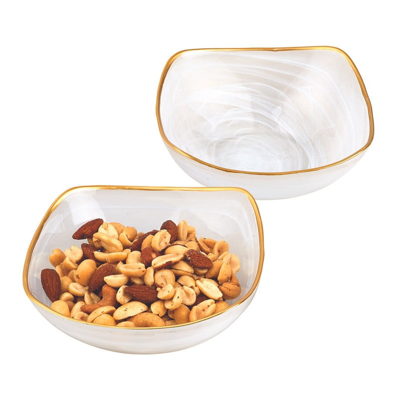 Set of Two 6" White Alabaster Square Glass Bowls With Gold Rim ...