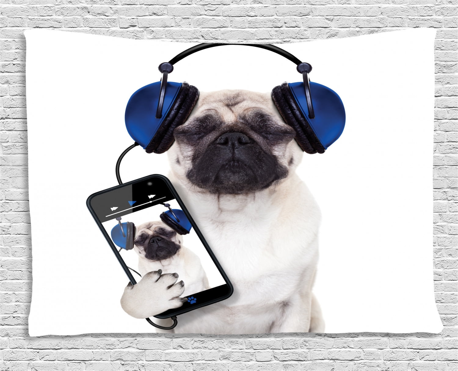 Pug Tapestry, Dog Listening Music on the Smartphone Groovy Cool ...