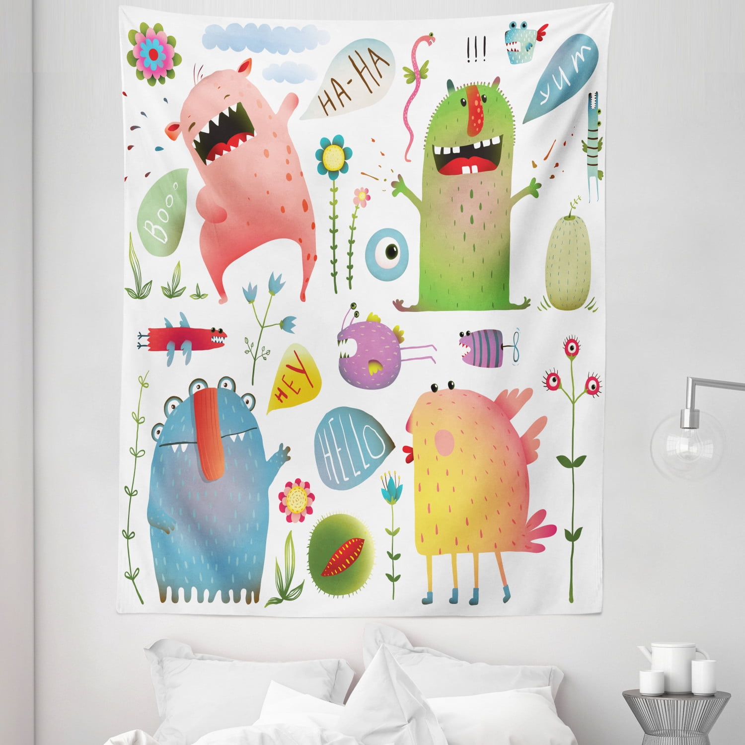 Funny Tapestry, Imaginary Creatures Fun Colorful Laughing Monsters ...