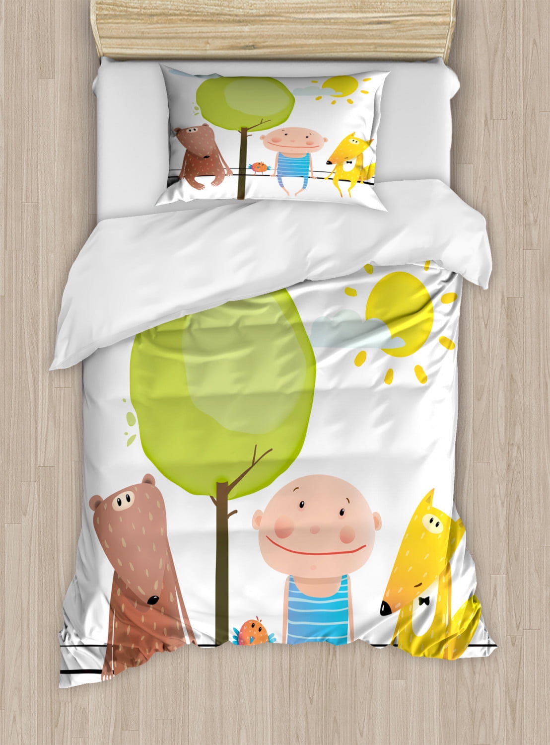 Doodle Duvet Cover Set Twin Size, Childish Graphic of Bear Fox Bird and ...