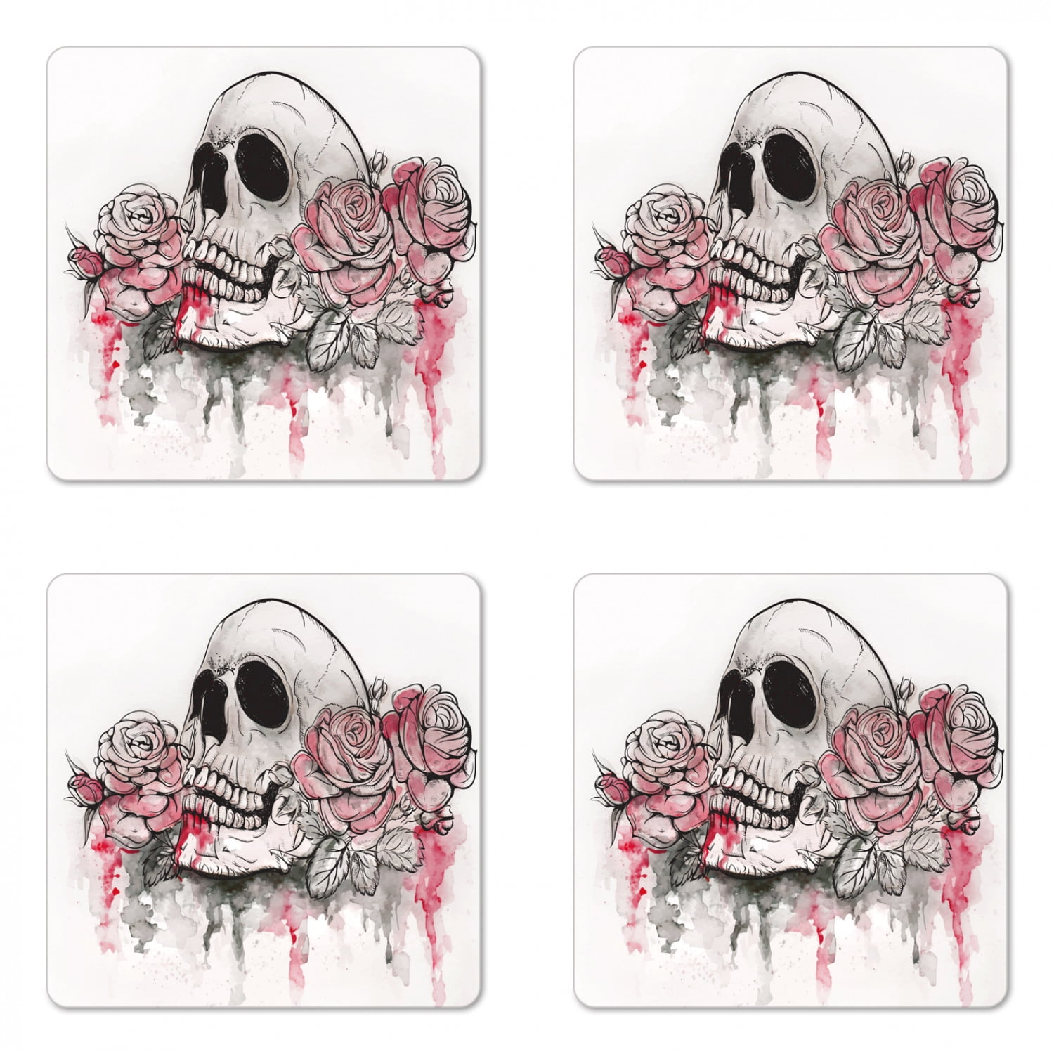 Day of the Dead Coaster Set of 4, Print Skull Shape Romantic Roses ...