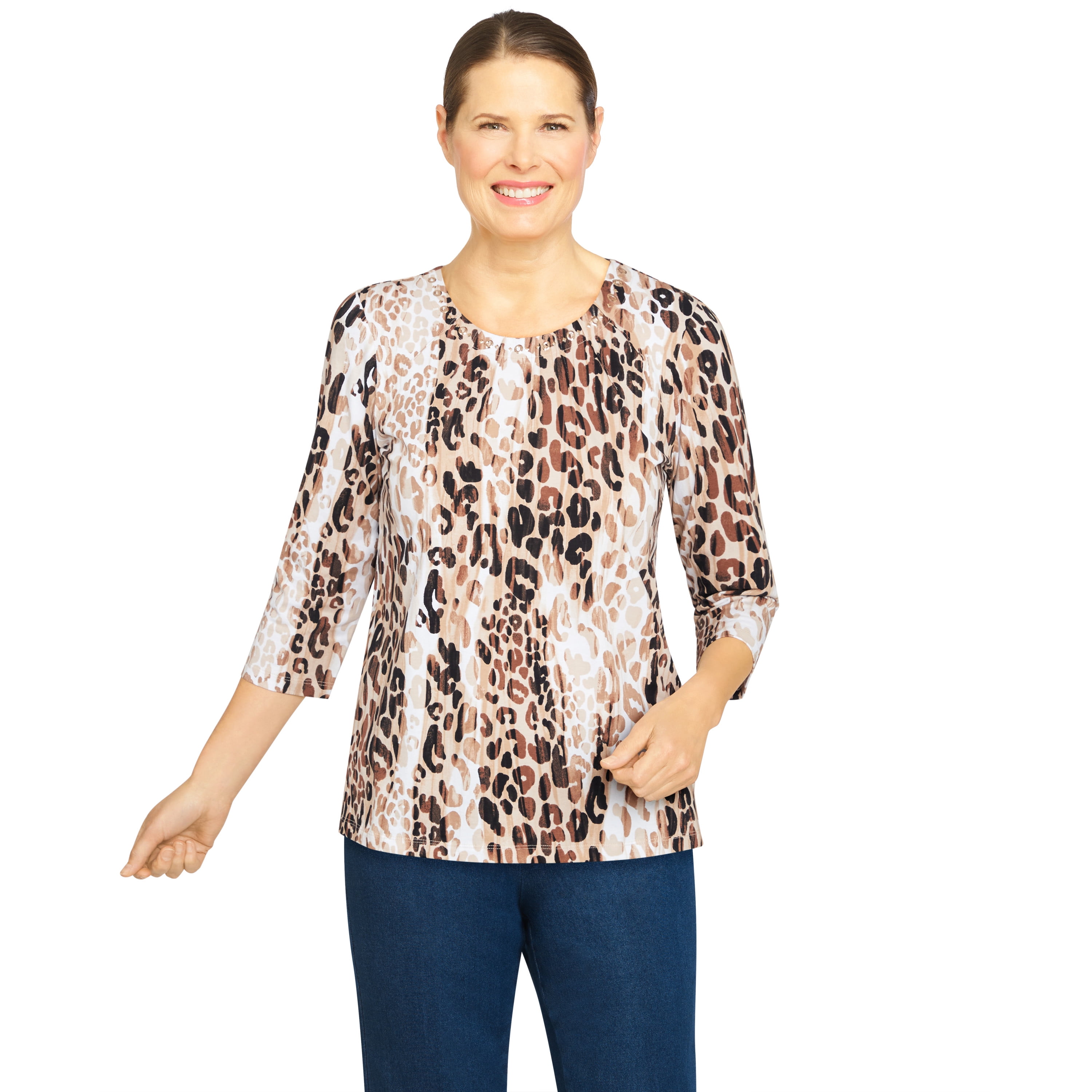 Alfred Dunner Womens Animal Print Embellished Neck Top - Walmart.com