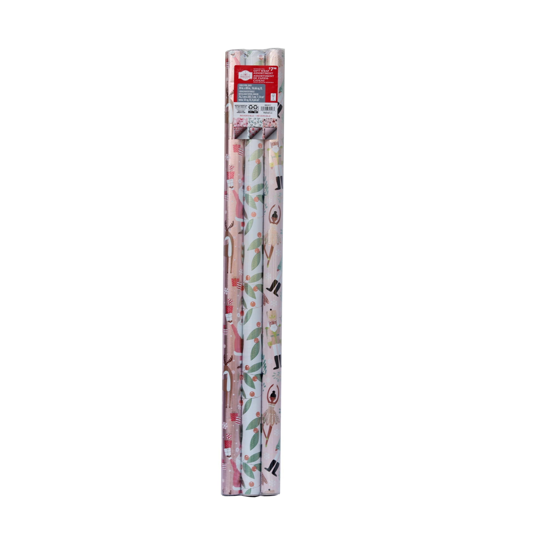 Holiday Time Pink and White Foil Reversible Christmas Wrapping Paper, 3 ...