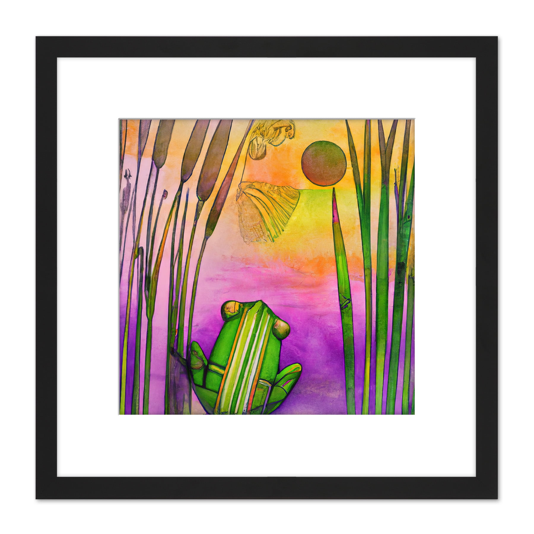 Frog Watching the Sunset Pond Reeds Purple Pink Green Watercolour ...