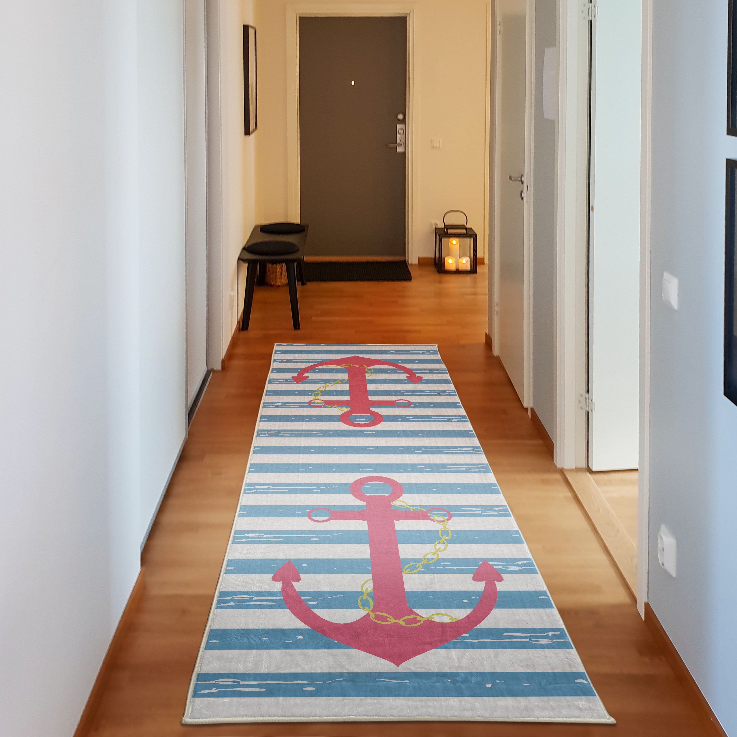 Striped Decorative Rug, Ship Anchor Chain Marine Life Inspired Lines ...