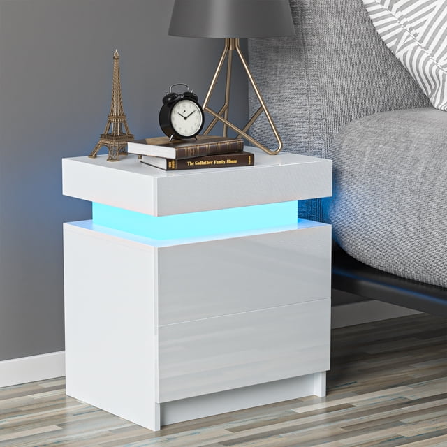 Hommpa Nightstand, Easy Assemble Furniture Stand with 2 Drawers, LED ...