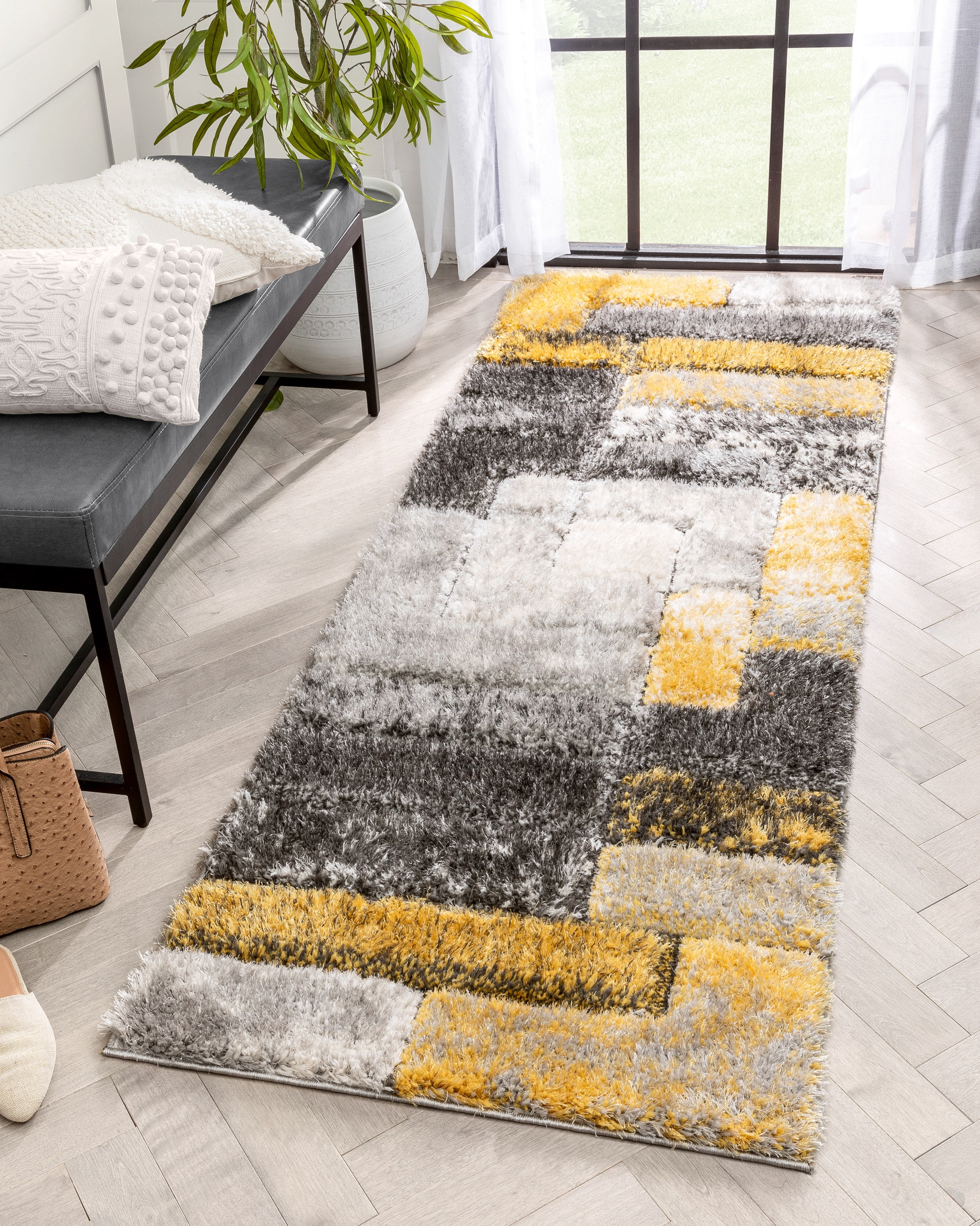 Well Woven Kizi Yellow & Grey Abstract Geometric 3D Textured Shag ...