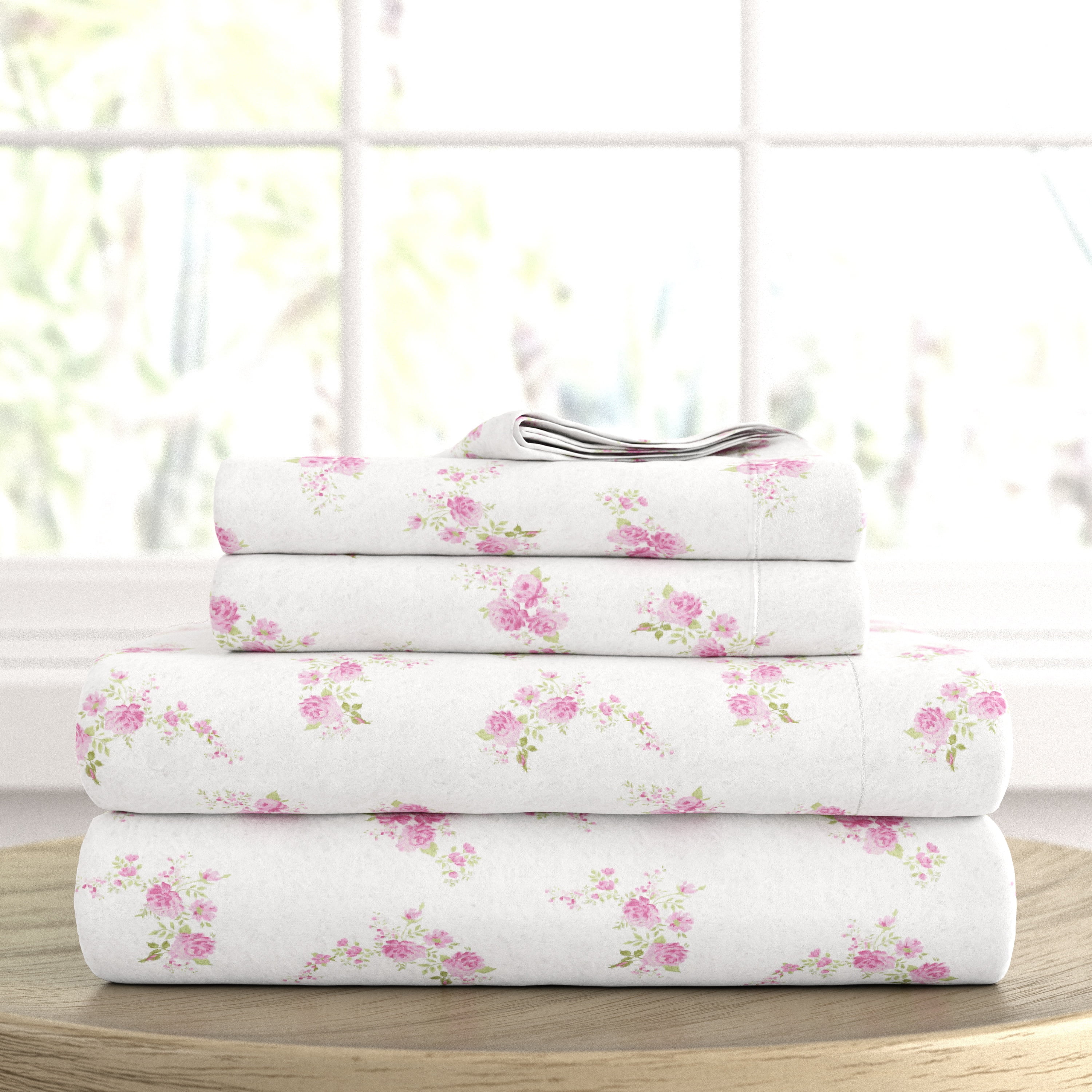 Pink Rose Bunch 4 Piece 100% Cotton Flannel Deep Pocket Sheet Set, Full ...