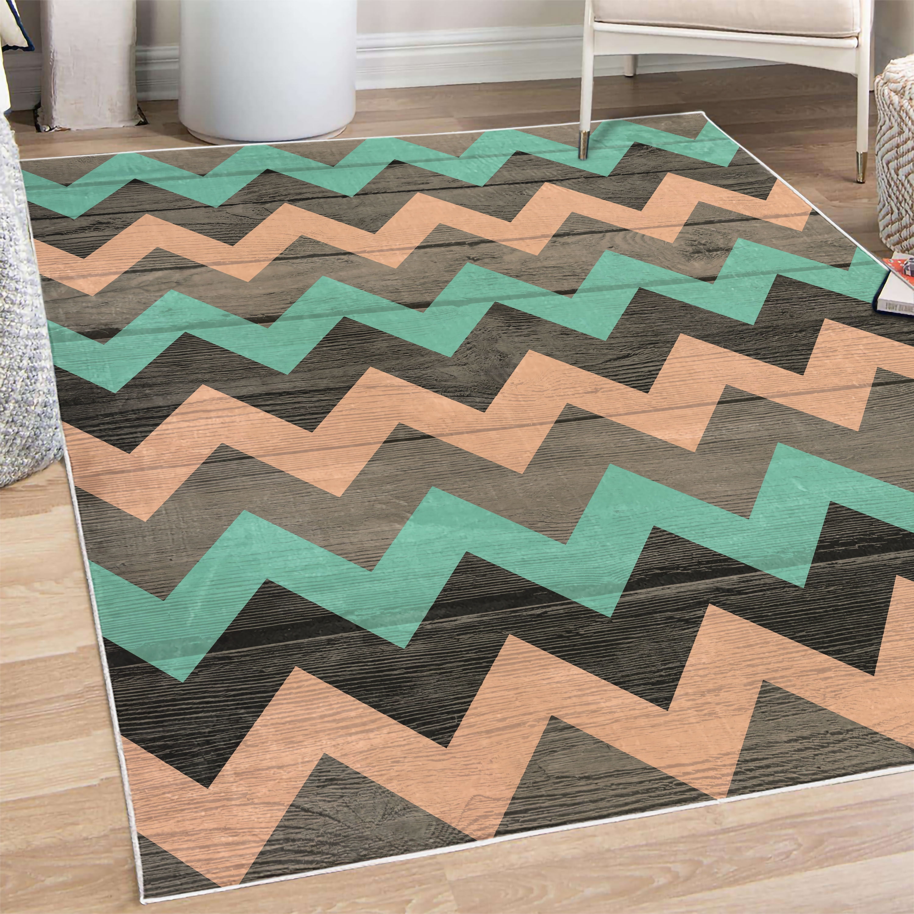 Chevron Decorative Rug, Zig Zag Lines Pattern on Wooden Looking ...